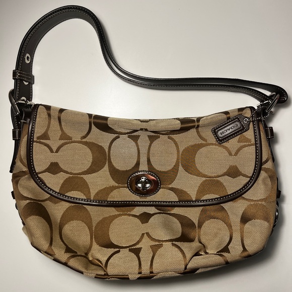 Coach | Bags | Coach Signature Jacquard Shoulder Bag Brown Tan Leather ...